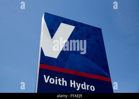 A logo sign outside of the headquarters of Voith Hydro in York ...