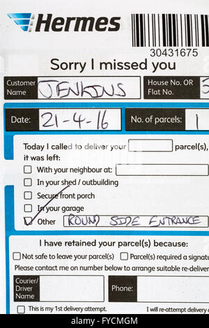 Sorry I missed you - card left by Hermes courier delivery driver ...