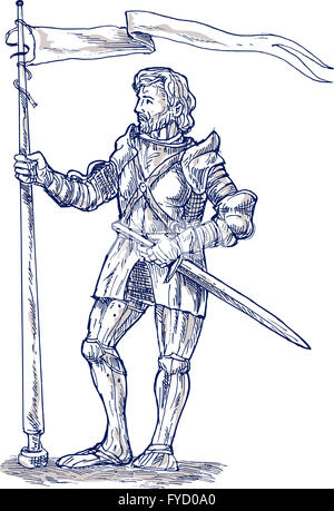 Knight standing with lance and flag Stock Photo - Alamy