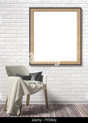 Mock up blank wooden picture frame with three vases 3D render ...