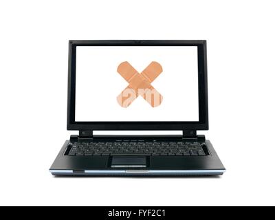 A laptop computer with a bandaid isolated against a white background ...