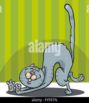 Cartoon Illustration of Stretching Happy Gray Cat Stock Photo - Alamy