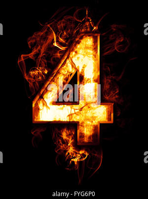 four, illustration of number with chrome effects and red fire on black ...
