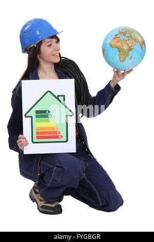 Electrician holding globe Stock Photo - Alamy