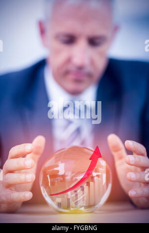 Businessman hold graph, arrow of positive growth icon.pointing at ...