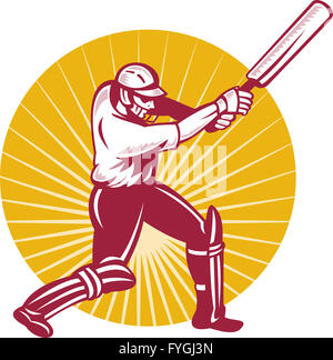 illustration of a cricket batsman with bat side view with sunburst in ...