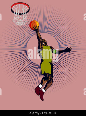 Illustration of a basketball player dunking ball with fire fireball on ...