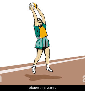 Illustration of a netball player catching rebounding ball on isolated ...