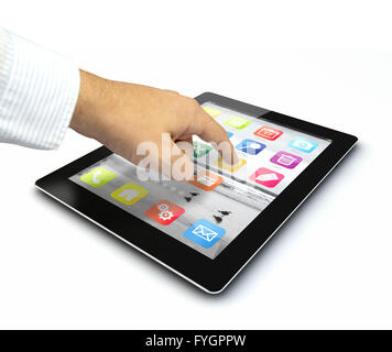 Finger touching tablet with social media icons concept Stock Photo - Alamy