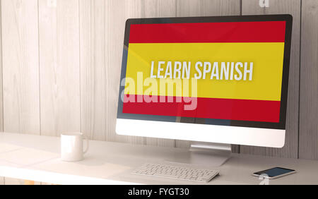 digital render generated workspace with learn english on the screen of computer and smartphone ...