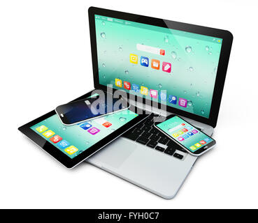 Computer notebook laptop with digital tablet and white smartphone on ...