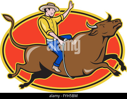 Illustration of rodeo cowboy riding bucking bull viewed from the side ...