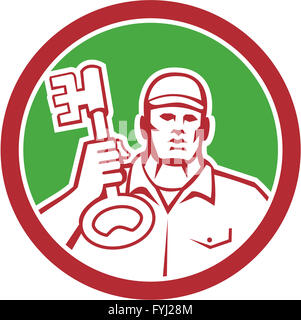 Illustration of a locksmith standing carrying key viewed from the front ...