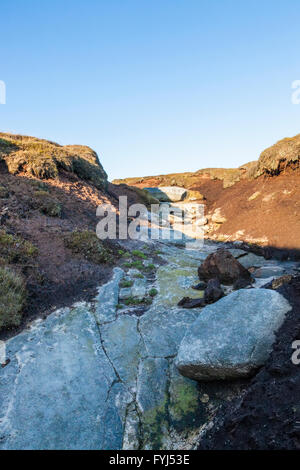 Gritstone in a gully, ditch or grough between peat hags formed by ...