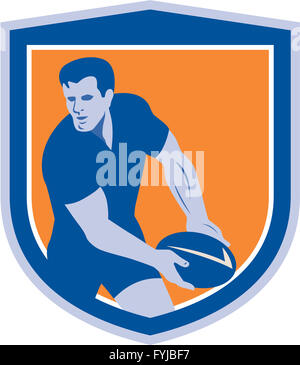 Illustration of a rugby player passing ball sideview set inside shield ...