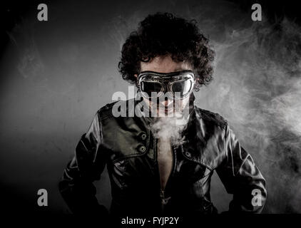 Male biker with sunglasses era dressed Leather jacket, huge smoke over ...