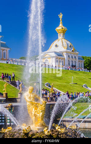 Famous Samson and the Lion fountain in Peterhof Grand Cascade, St ...