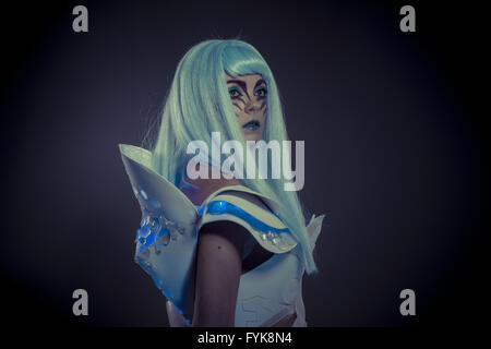 Cyber Droid woman, future robot with white armor dress Stock Photo - Alamy