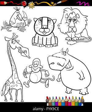 Coloring book page set. Animals collection. Sketch and color version ...