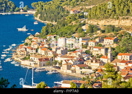 VIS, CROATIA, EUROPE - Aerial view of town of Vis and harbor, on the ...