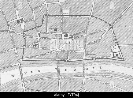 Map of Roman London showing the ancient walls. Victorian engraving ...