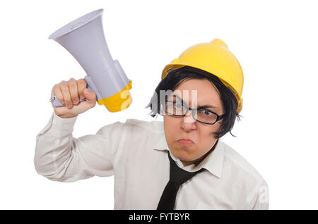 Foreman screaming in a bullhorn Stock Photo - Alamy