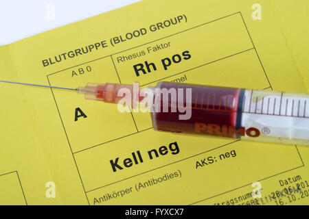 Blood group badge, blood type card, taking blood sample, blood test ...