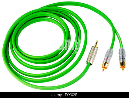 Green audio cable with three connectors isolated on white Stock Photo ...