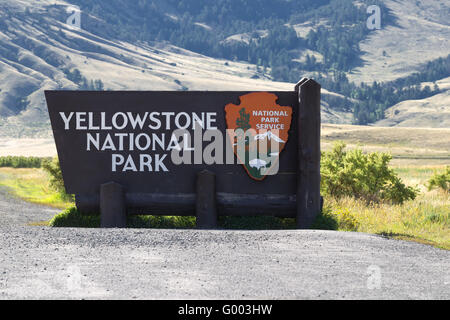 Yellowstone National Park entrance sign, West Yellowstone, Montana, USA ...