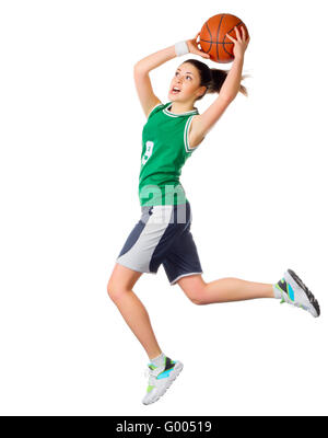 Girl playing basketball. Player throwing ball. Outdoor sports field in ...
