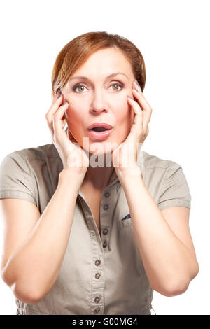 Shocked surprised Caucasian woman lady client customer gen z user read ...