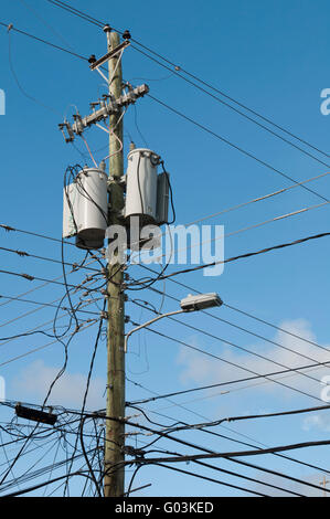 light pole distribution transformer messy wires Stock Photo - Alamy