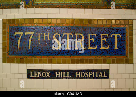 Mosaic tile sign for 77th Street subway station, New York City, United ...