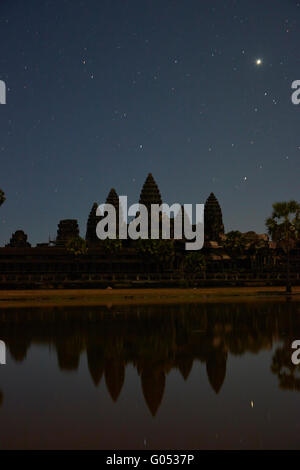 Angkor Wat night starry sky at dusk main facade silhouette reflection ...