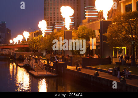 Yarra River, Southbank fire display at night, Melbourne, Victoria ...