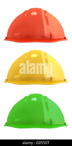 Red, yellow and white colored helmets with rechargeable helmet light on ...