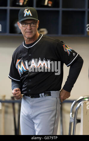 Miami Marlins manager Don Mattingly looks on from the dugout during a ...