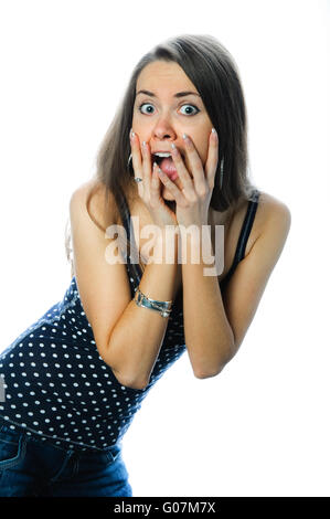Emotional portrait of surprised woman. Amazement emotion. Studio ...