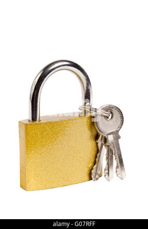 Golden open padlock with keys on white Stock Photo - Alamy