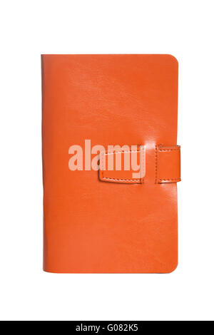 Orange Leather notebook on paper green background, notepad mock up, top ...