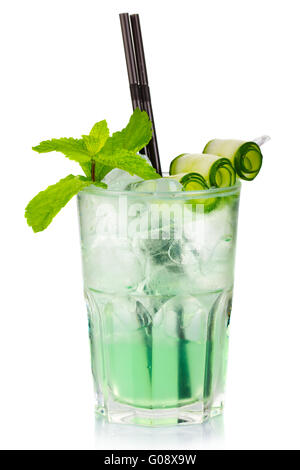 Fresh cucumber slices and mint leaves on a blue background, overhead ...