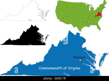 Detailed map of the state of Virginia, USA, showing its counties and ...