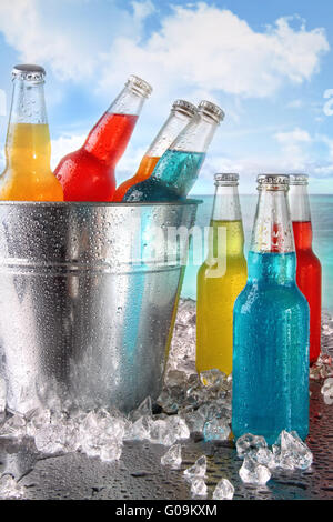 Colorful fruit drinks assortment with ice top view square crop Stock ...
