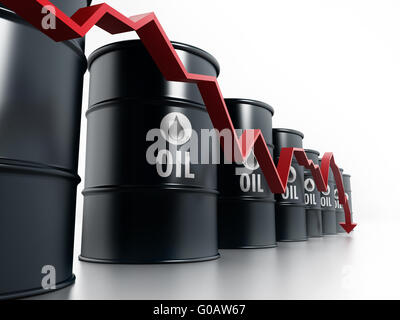 Black oil barrel with red falling arrow 3D Stock Photo - Alamy