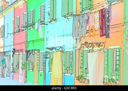 A color sketch of the streets of Burano Italy Stock Photo - Alamy