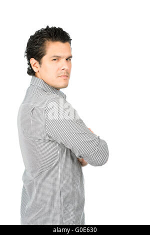 Handsome hispanic man back turned, rear view casually dressed in blue ...