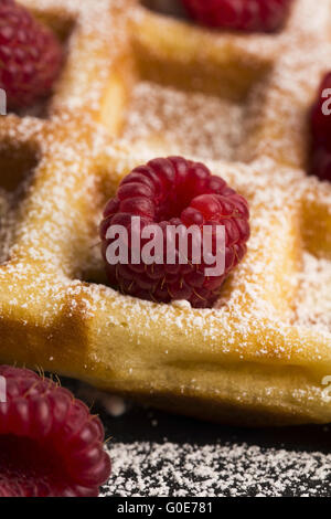 fresh waffles garnished with powdered sugar and raspberries Stock Photo ...