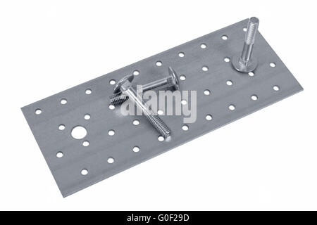 Perforated metal plate furniture screw and nuts isolated on white ...