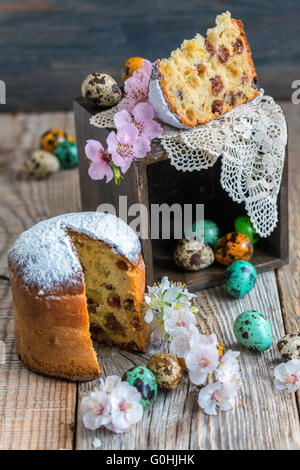 Easter cake and painted eggs blooming branch Stock Photo - Alamy