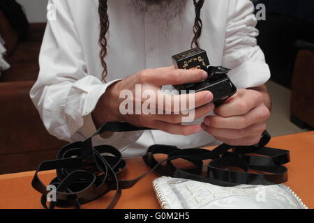 Jewish Man wrapped in tefillin pray . A religious orthodox Jew with arm ...